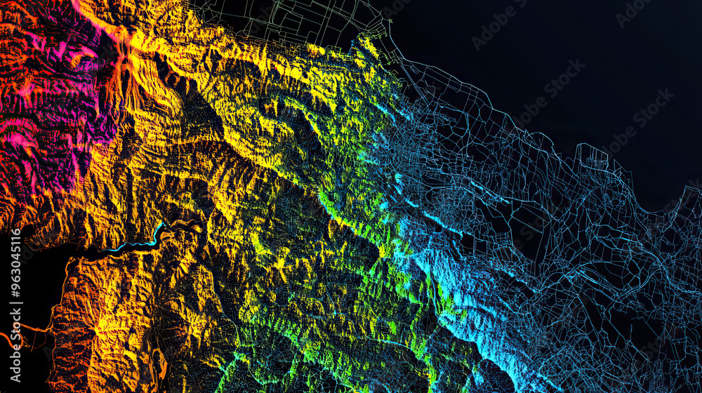 Technical aerial visual, 3D LiDAR GIS aerial map satellite scan model ...