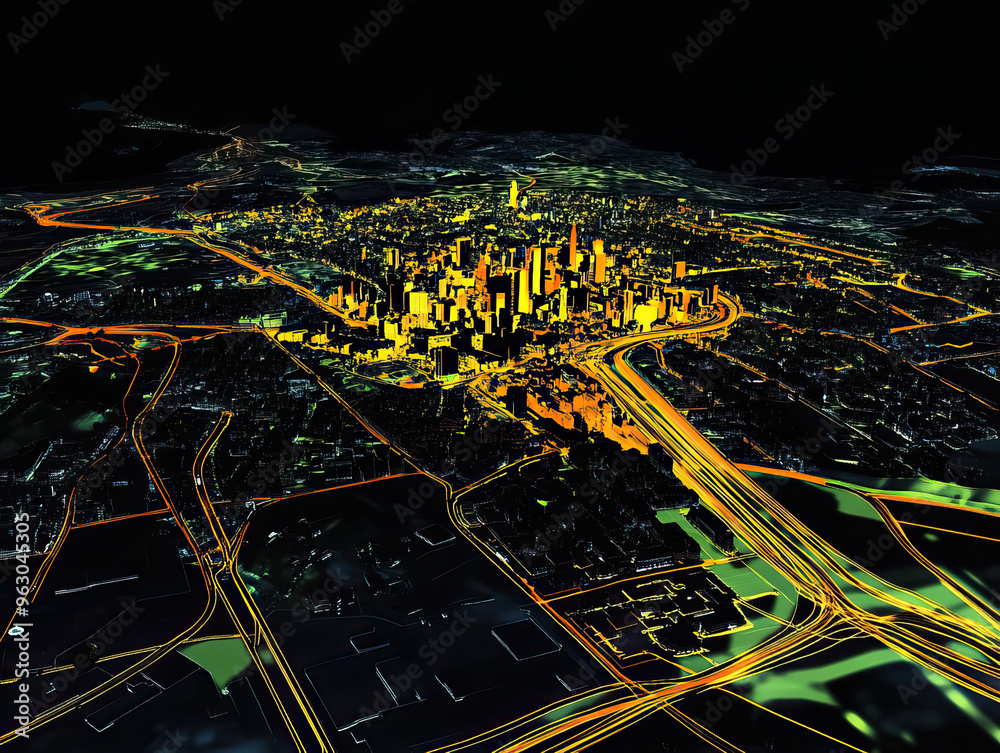 Technical aerial visual, 3D LiDAR GIS aerial map satellite scan model ...