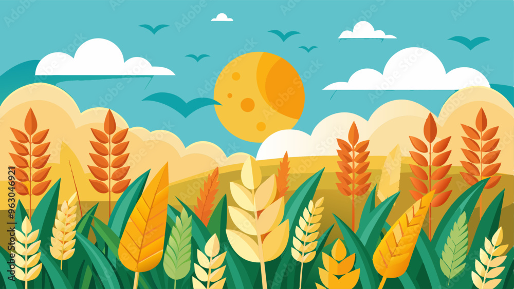 Paper art style Barley field and birds sun and cloud background Stock ...