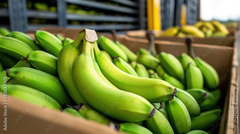 Inspector checking green bananas in a truck at a storage facility ...