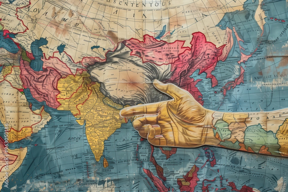 world map and China's hand sticks out from the region and extends its ...