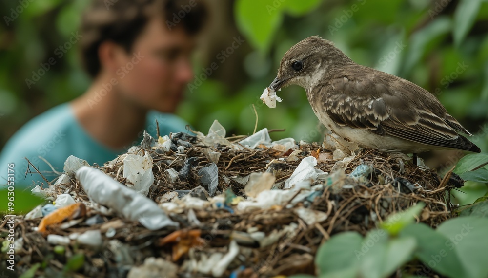 Microplastic waste and Human-animal interaction. Bird building a nest ...