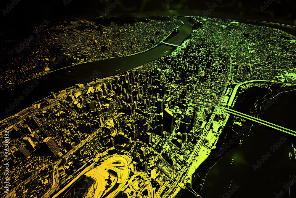 Technical aerial visual, 3D LiDAR GIS aerial map satellite scan model ...