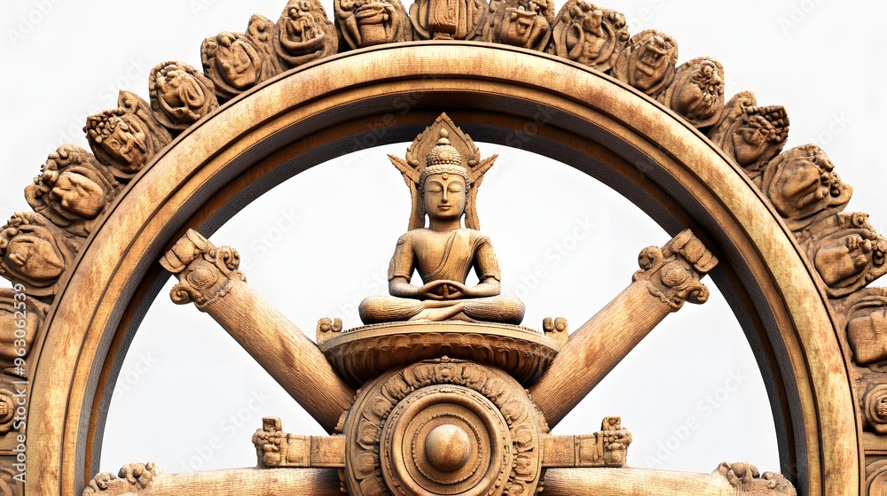 4. "The Buddhist Dharma Wheel in 3D, detailed with traditional symbols ...