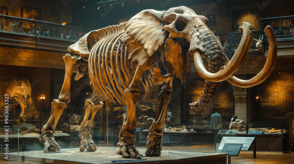 The skeleton of a mammoth stands in a museum, a testament to the giant ...