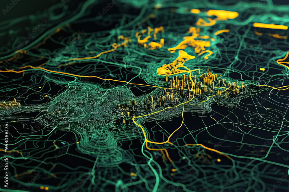 Technical aerial visual, 3D LiDAR GIS aerial map satellite scan model ...