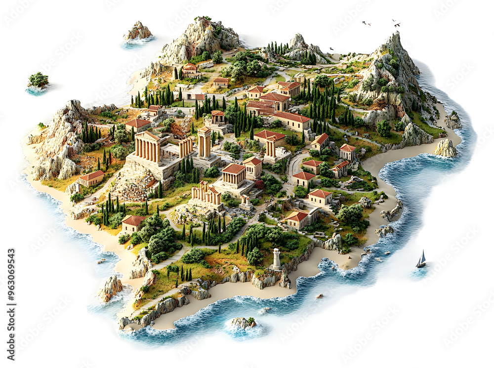 Detailed miniature model of an ancient Greek island with ruins isolated ...