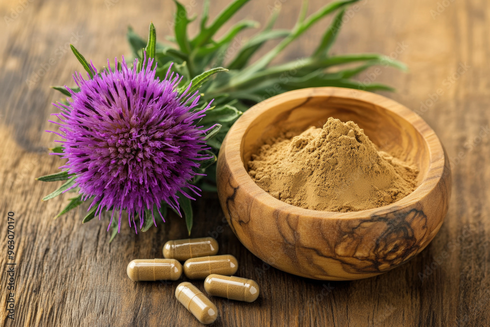 Milk thistle plant lying on a table next to an olive wood bowl ...