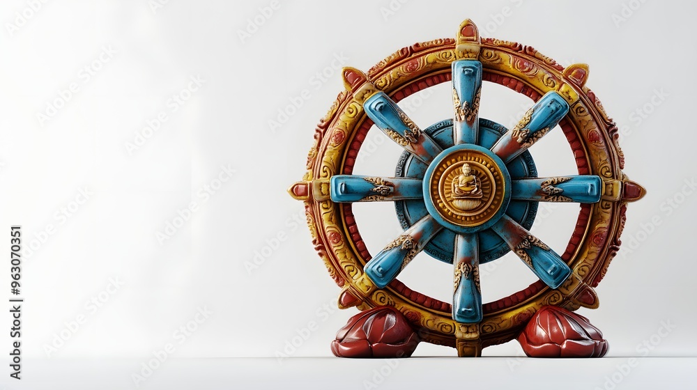 82. "A detailed 3D depiction of the Buddhist Dharma Wheel, crafted with ...
