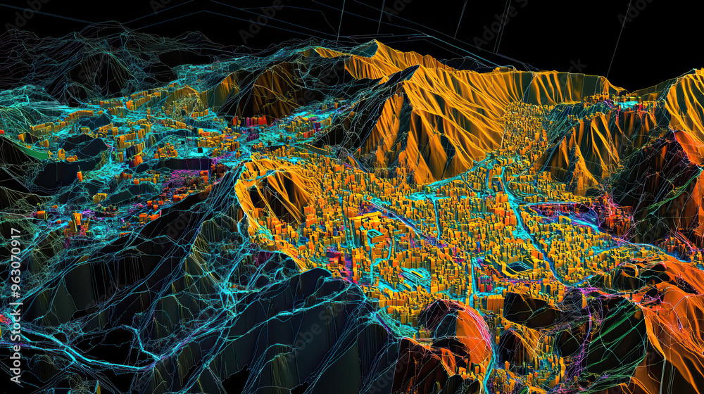 Technical aerial visual, 3D LiDAR GIS aerial map satellite scan model ...