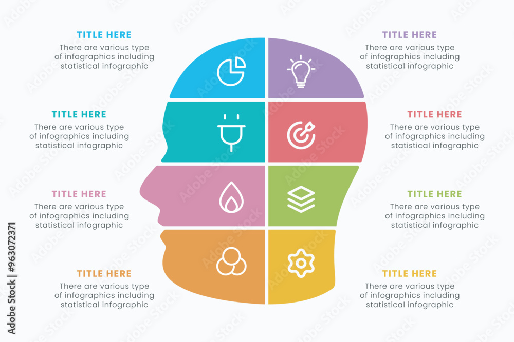 Vector brain infographic design template with 8 steps, human head learn ...