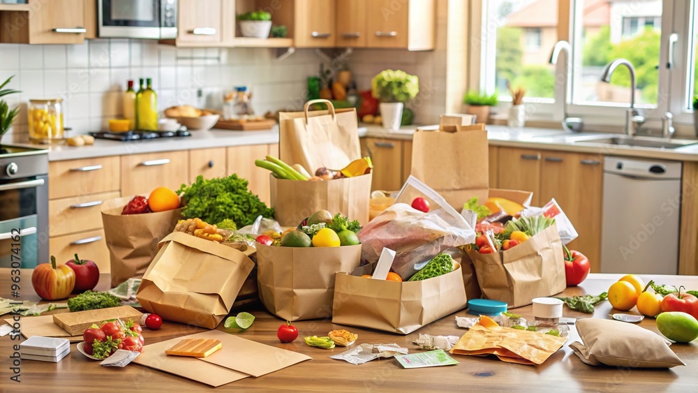 Coupons scattered on kitchen counter amidst empty food packaging and ...