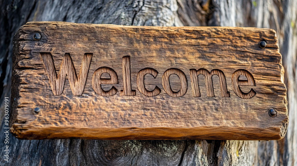 A handcrafted wooden "Welcome" sign attached to a tree trunk, blending ...