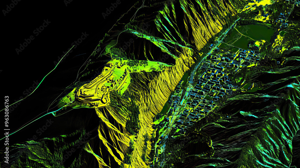 Technical aerial visual, 3D LiDAR GIS aerial map satellite scan model ...