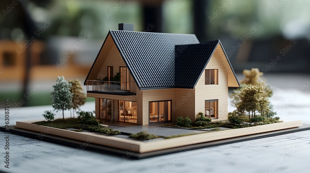 Architectural model, miniature house with black roof, detailed ...
