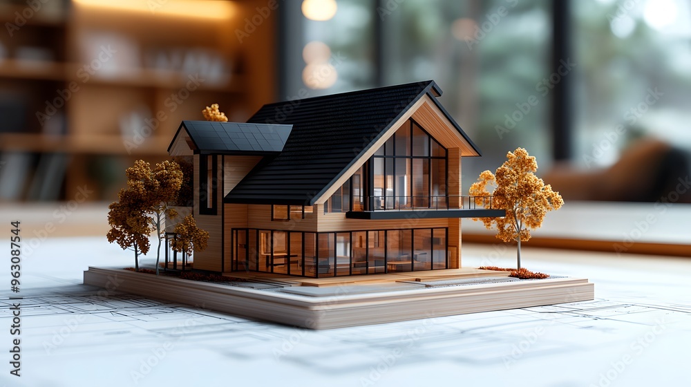 Architectural model, miniature house with black roof, detailed ...