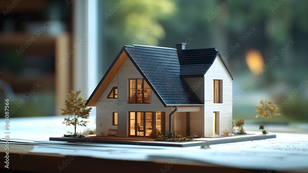 Architectural model, miniature house with black roof, detailed ...