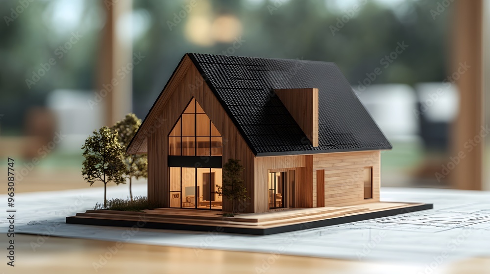 Architectural model, miniature house with black roof, detailed ...