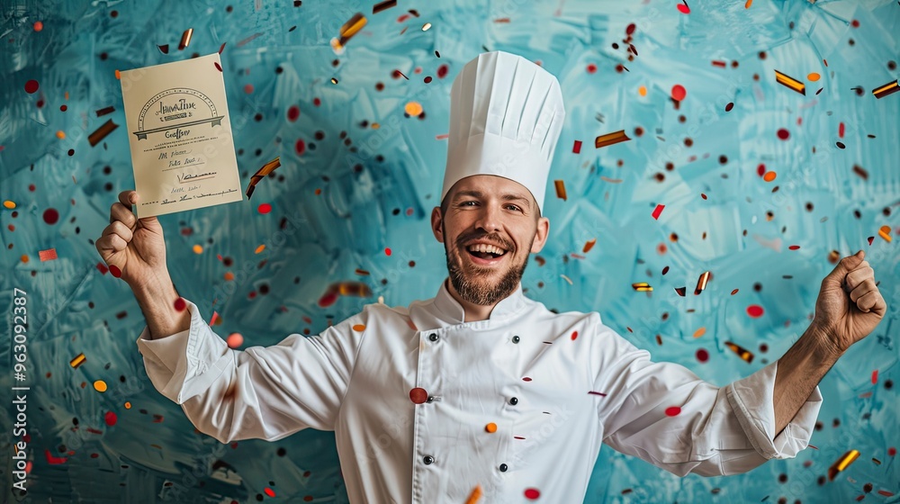 A jubilant chef celebrating a successful culinary event, holding up a ...