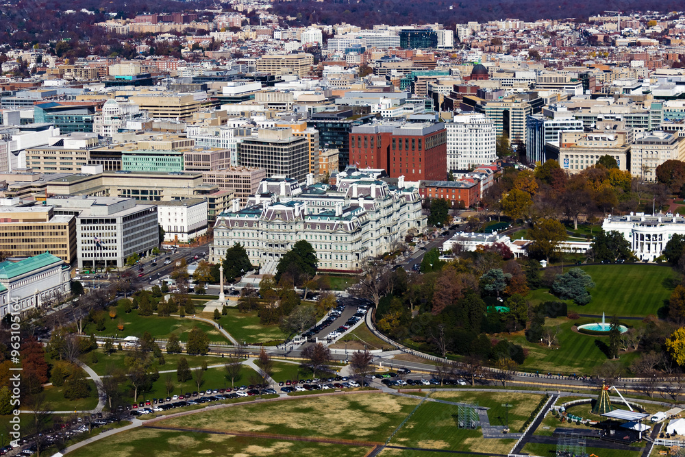Aerial photo of Washington DC featuring the Eisenhower Old Executive ...