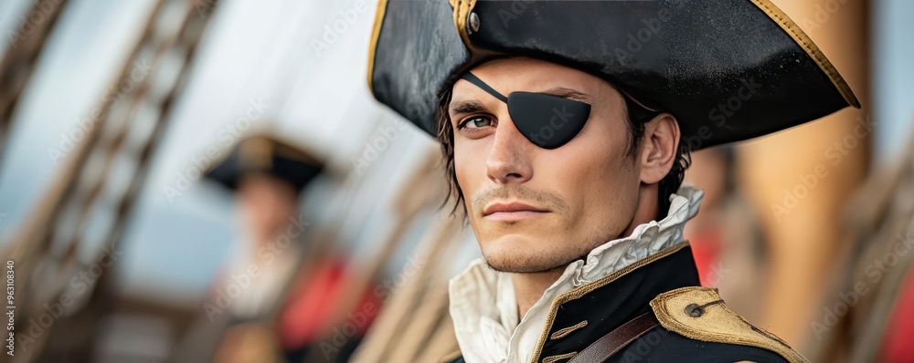 A pirate captain with a tricorn hat and eye patch, standing on the ship ...