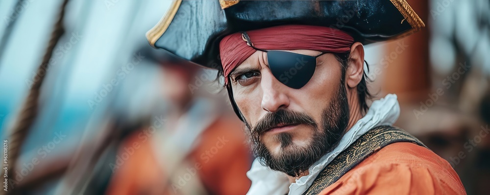A pirate captain with a tricorn hat and eye patch, standing on the ship ...