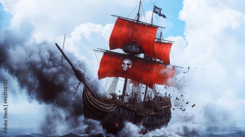 A pirate ship in battle with cannonballs flying and damage on the hull ...