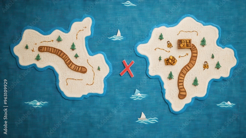 A treasure map with detailed islands, marked trails, and an X for ...