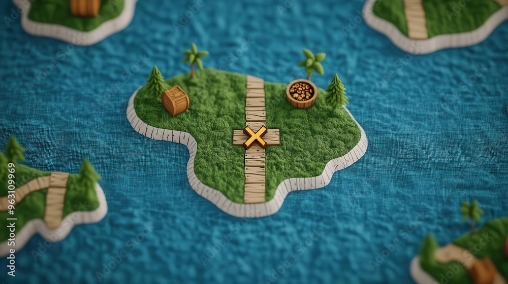 A treasure map with detailed islands, marked trails, and an X for ...