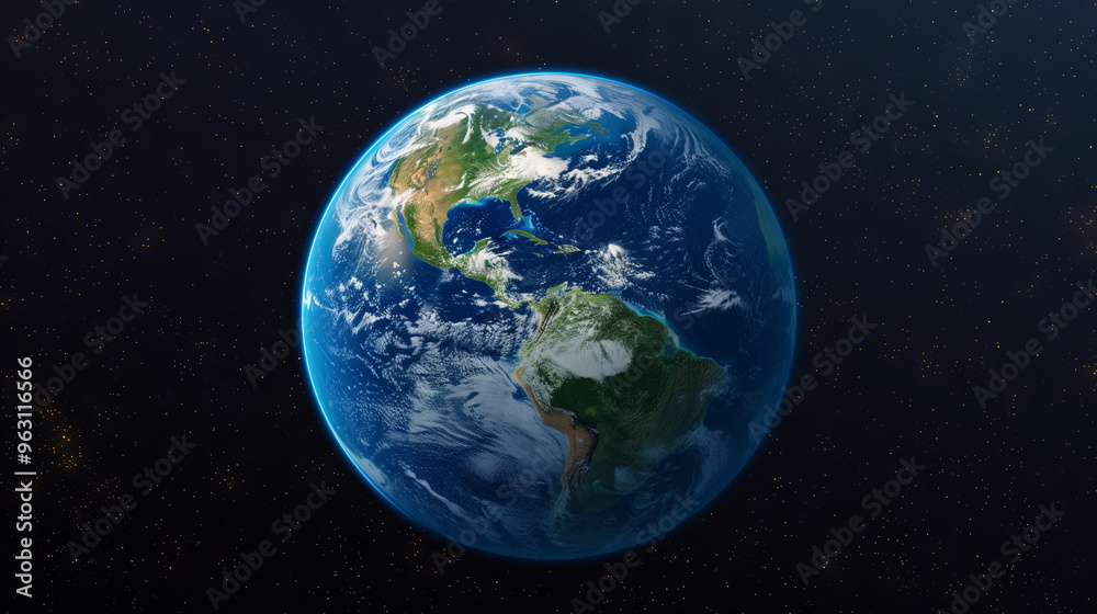 3D model of Earth from space, vibrant oceans, landmasses, white clouds ...