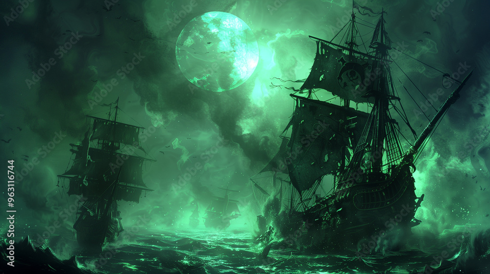 Ghostly pirate ships under moonlit sky, tattered sails, eerie green ...