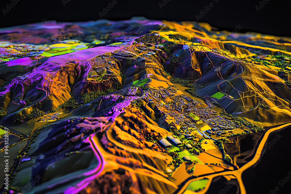 Technical aerial visual, 3D LiDAR GIS aerial map satellite scan model isolated, showing Maseru ...