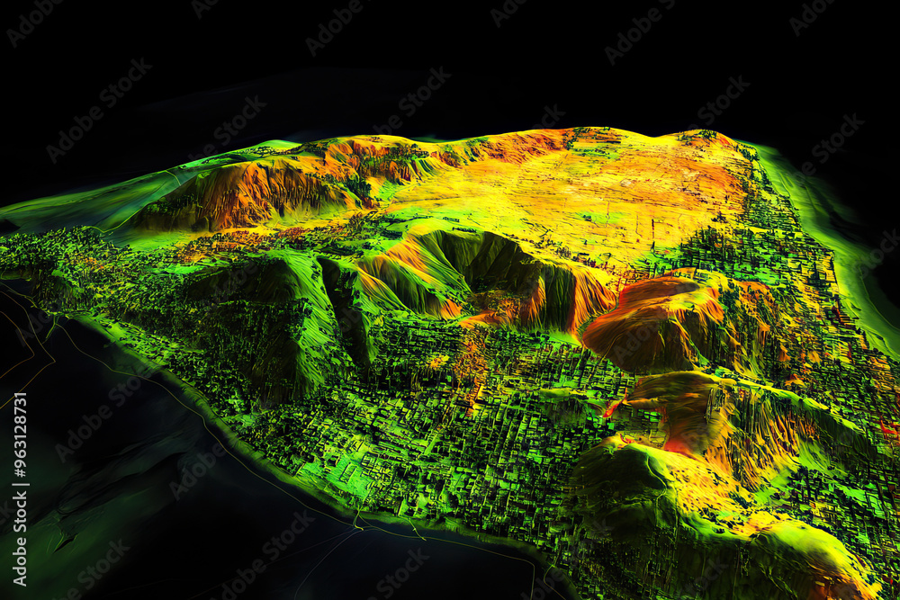 Technical aerial visual, 3D LiDAR GIS aerial map satellite scan model ...