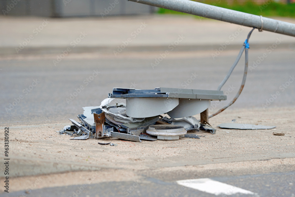 Broken and damaged traffic light lies on pedestrian crossing after ...