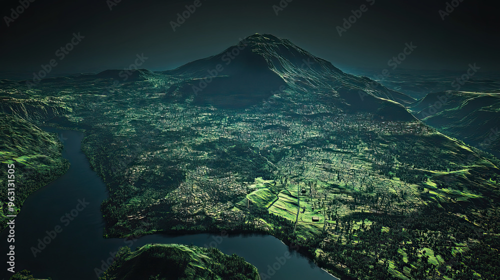Technical aerial visual, 3D LiDAR GIS aerial map satellite scan model ...