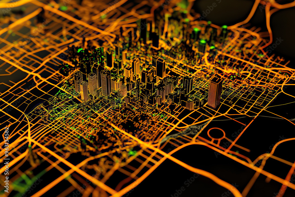 Technical aerial visual, 3D LiDAR GIS aerial map satellite scan model ...