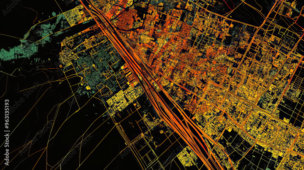 Technical aerial visual, 3D LiDAR GIS aerial map satellite scan model ...