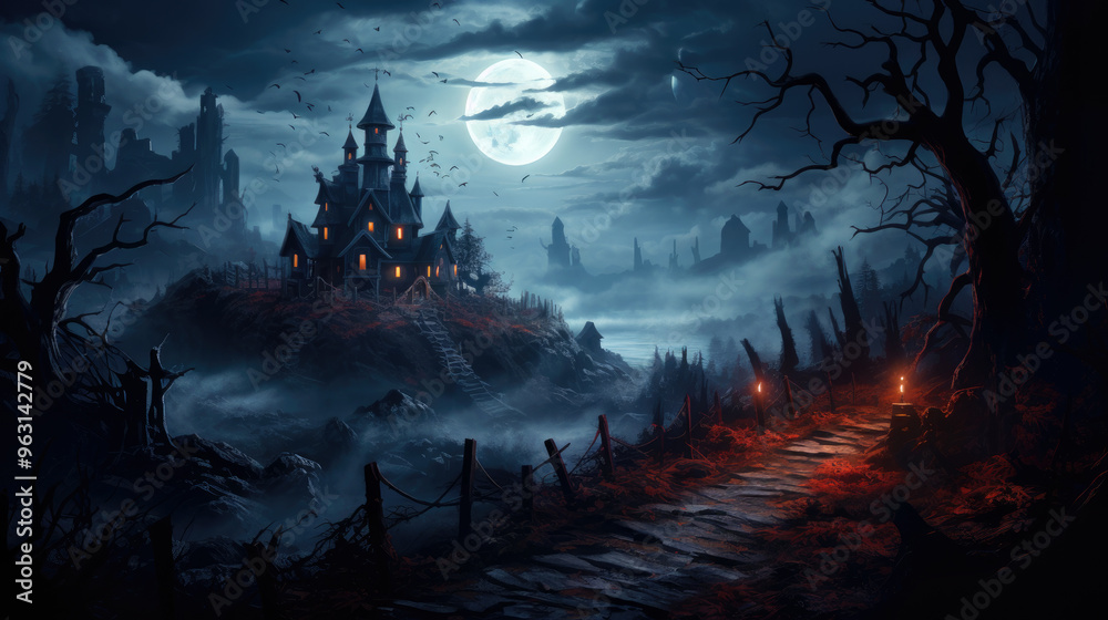 Haunted house like old gloomy castle at Halloween night, scary dark ...