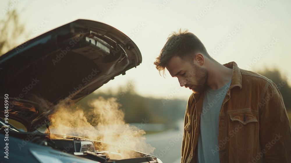 Vehicle Breakdown: Confused Young Man Standing Beside a Car with Smoke ...