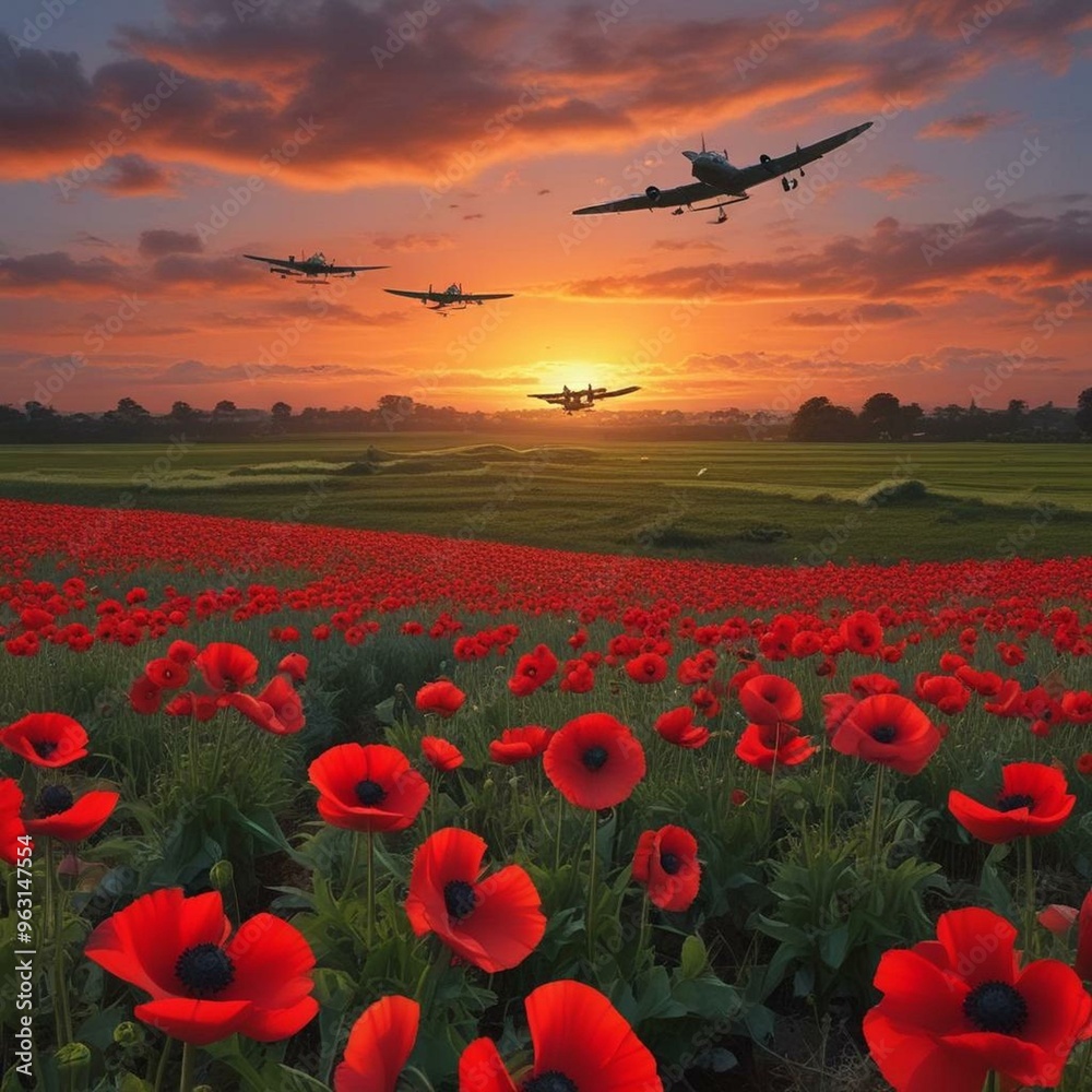 Lest We Forget: Sunset Tribute with Poppy Field and WW2 Planes on ...