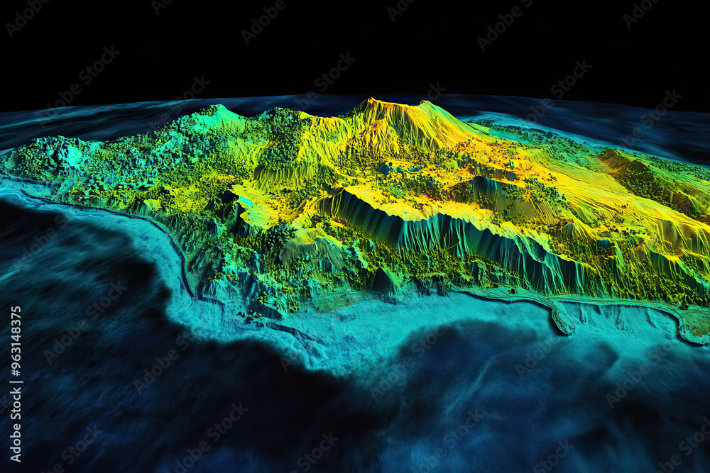 Technical aerial visual, 3D LiDAR GIS aerial map satellite scan model isolated, showing Nadi ...