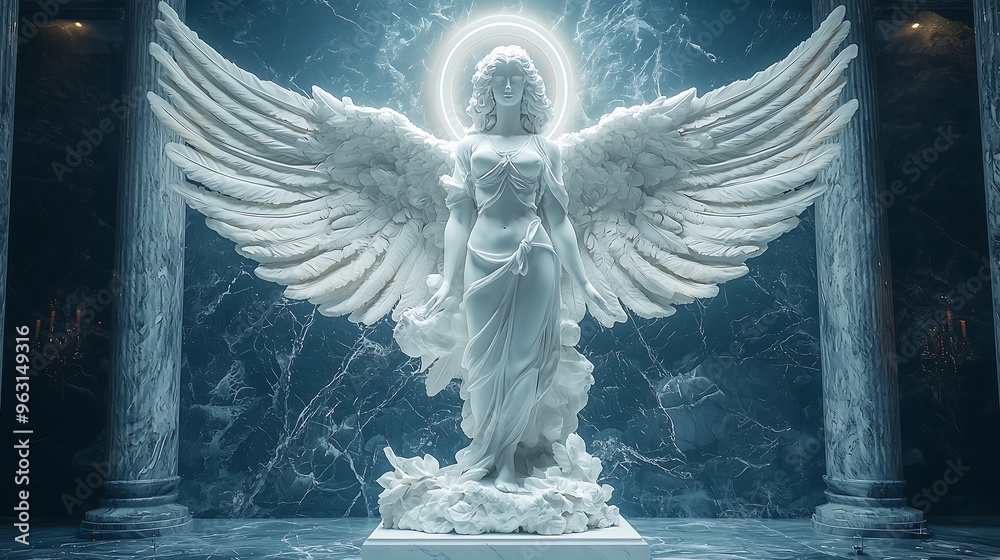 White background, stone statues of goddesses, angels, Athena, beautiful ...
