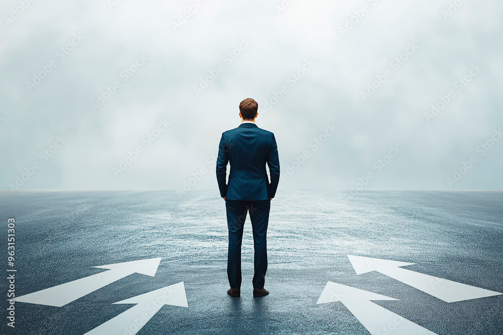 Man in a suit stands at a crossroads with multiple arrows pointing in ...