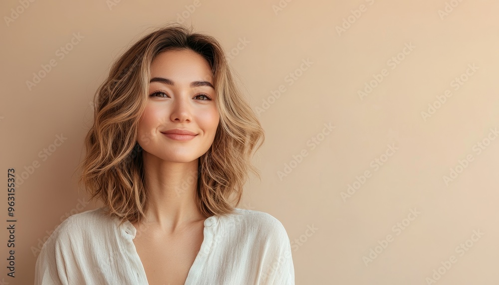 portrait of softly smiling beautiful woman is 35 years old in white ...