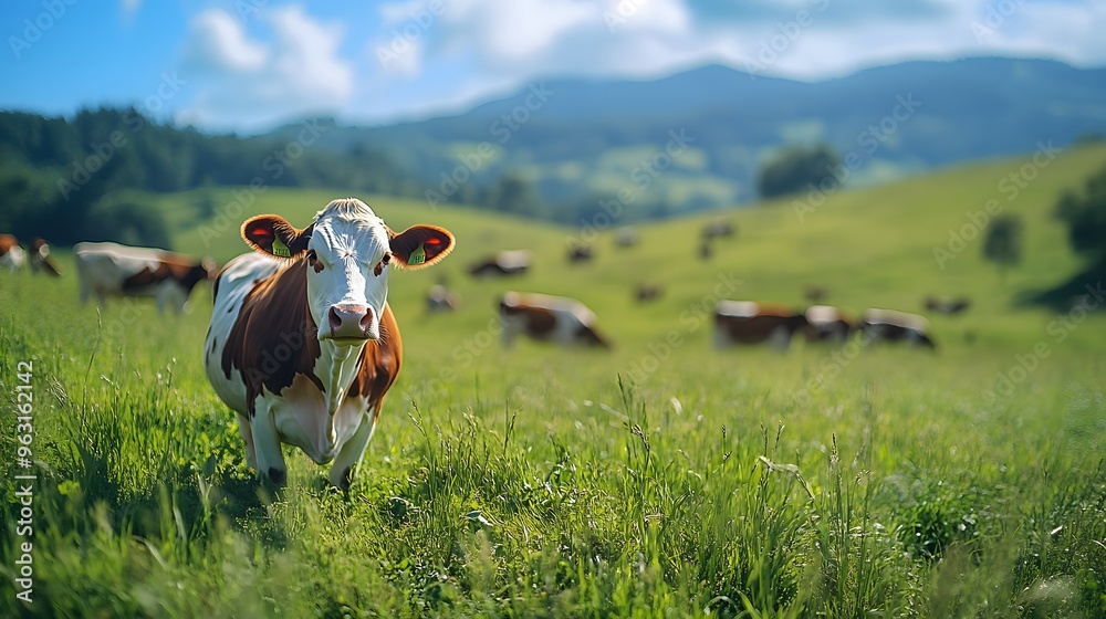 Bright Day on a Cow Farm, clear blue skies, harsh sunlight, realistic ...