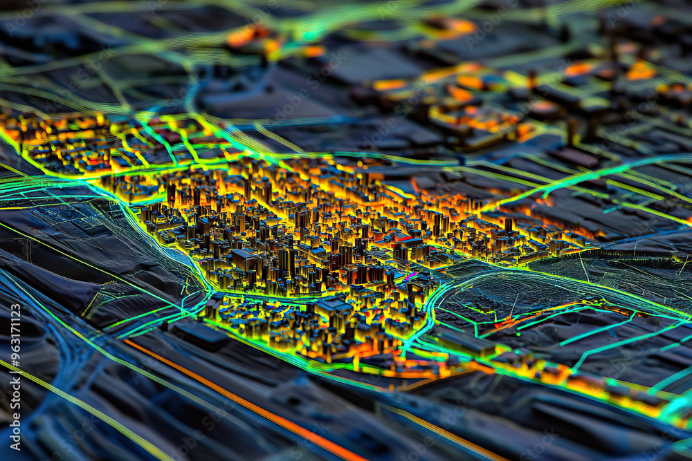 Technical aerial visual, 3D LiDAR GIS aerial map satellite scan model ...