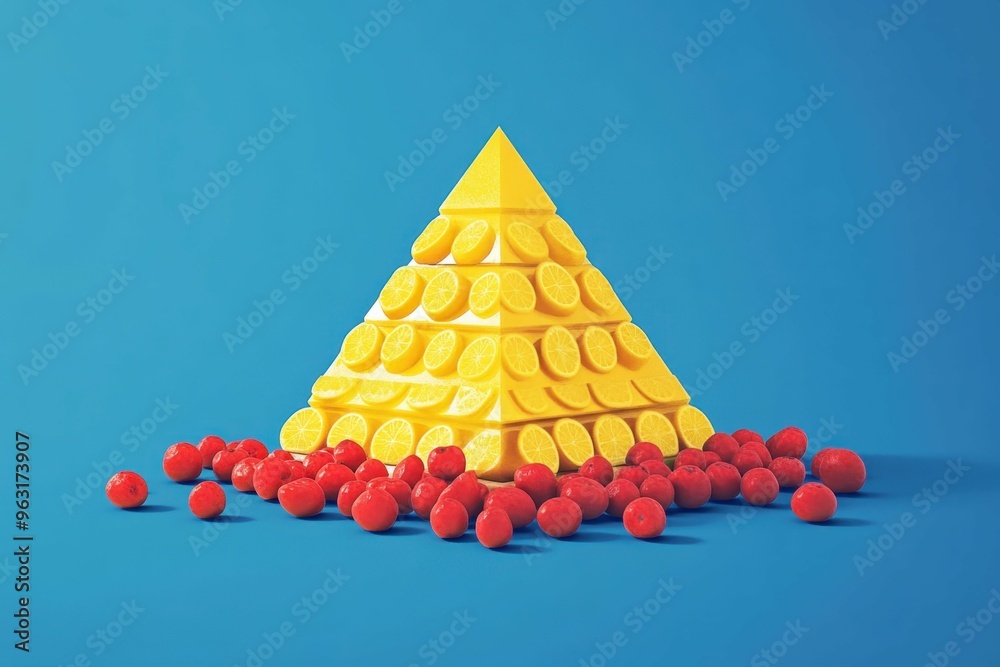 Bold abstract illustrations of food pyramids and activity trackers ...
