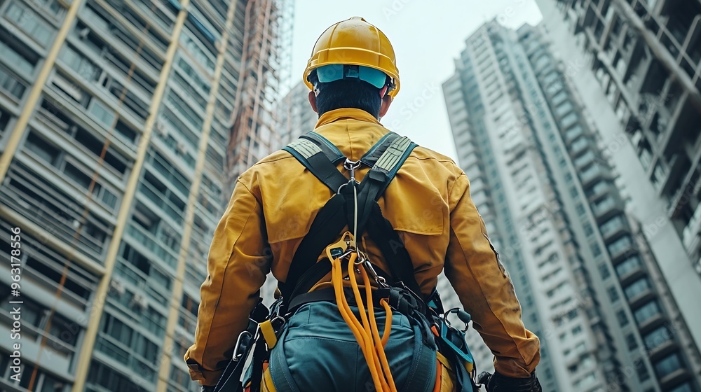 Asian male construction worker working at height on steel frame Wear ...