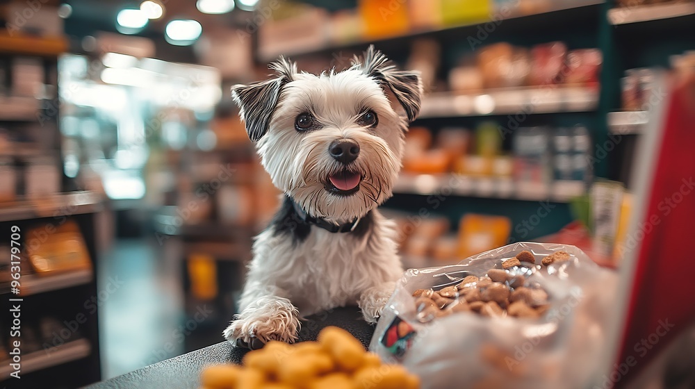 Dog goes Shopping Vertical frame in a pet shop of mix breed white dog ...