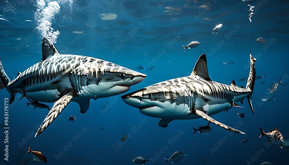 The scene of divers interacting with sharks swimming in the ocean in ...